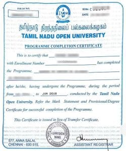 Tamil Nadu Open University Distance Education Fees & Admission